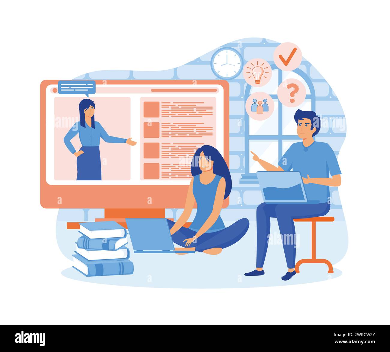 Online education, home schooling. Woman teacher on monitor screen ...