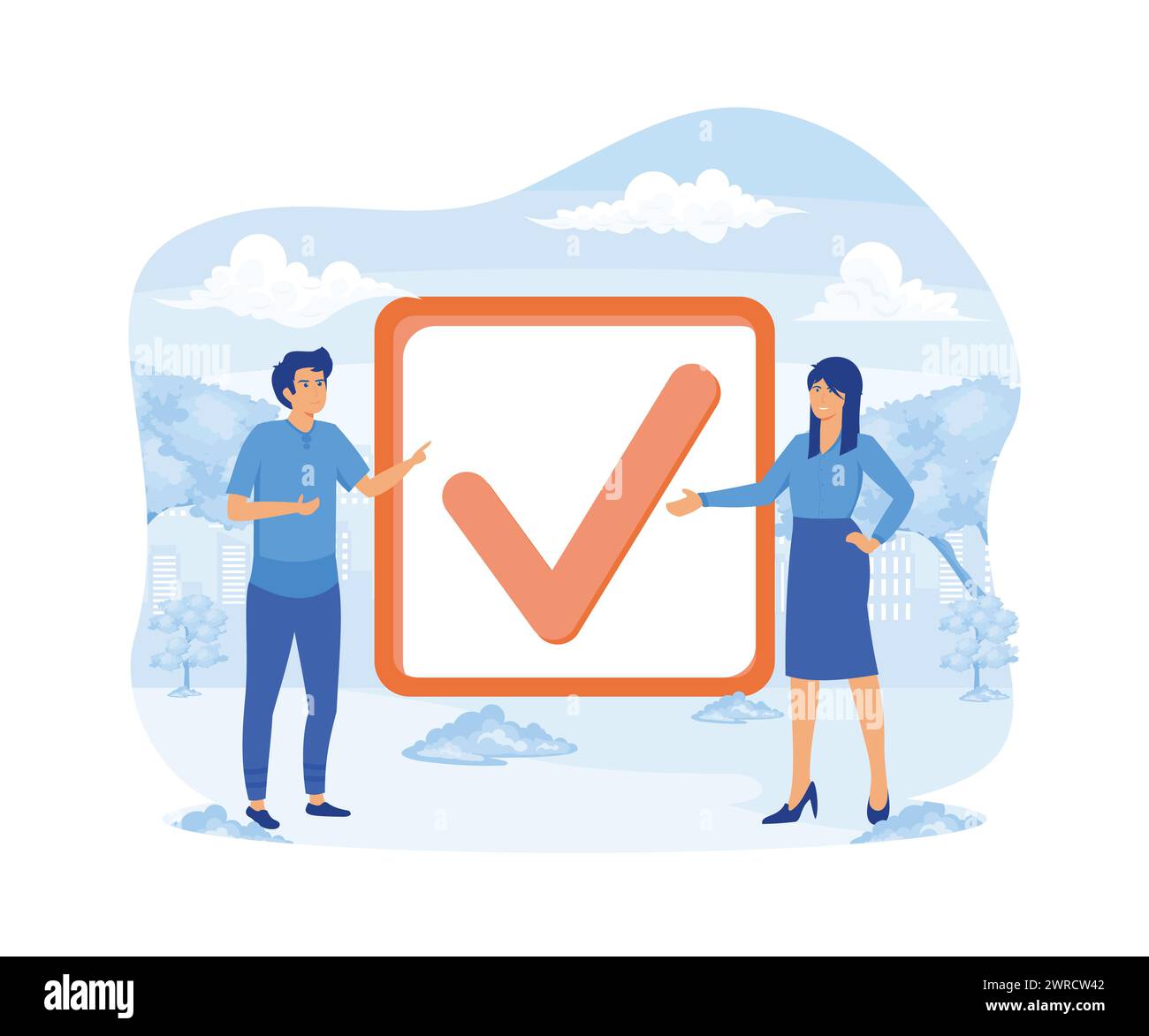 Done job concept. Happy business people celebrate completed check mark ...