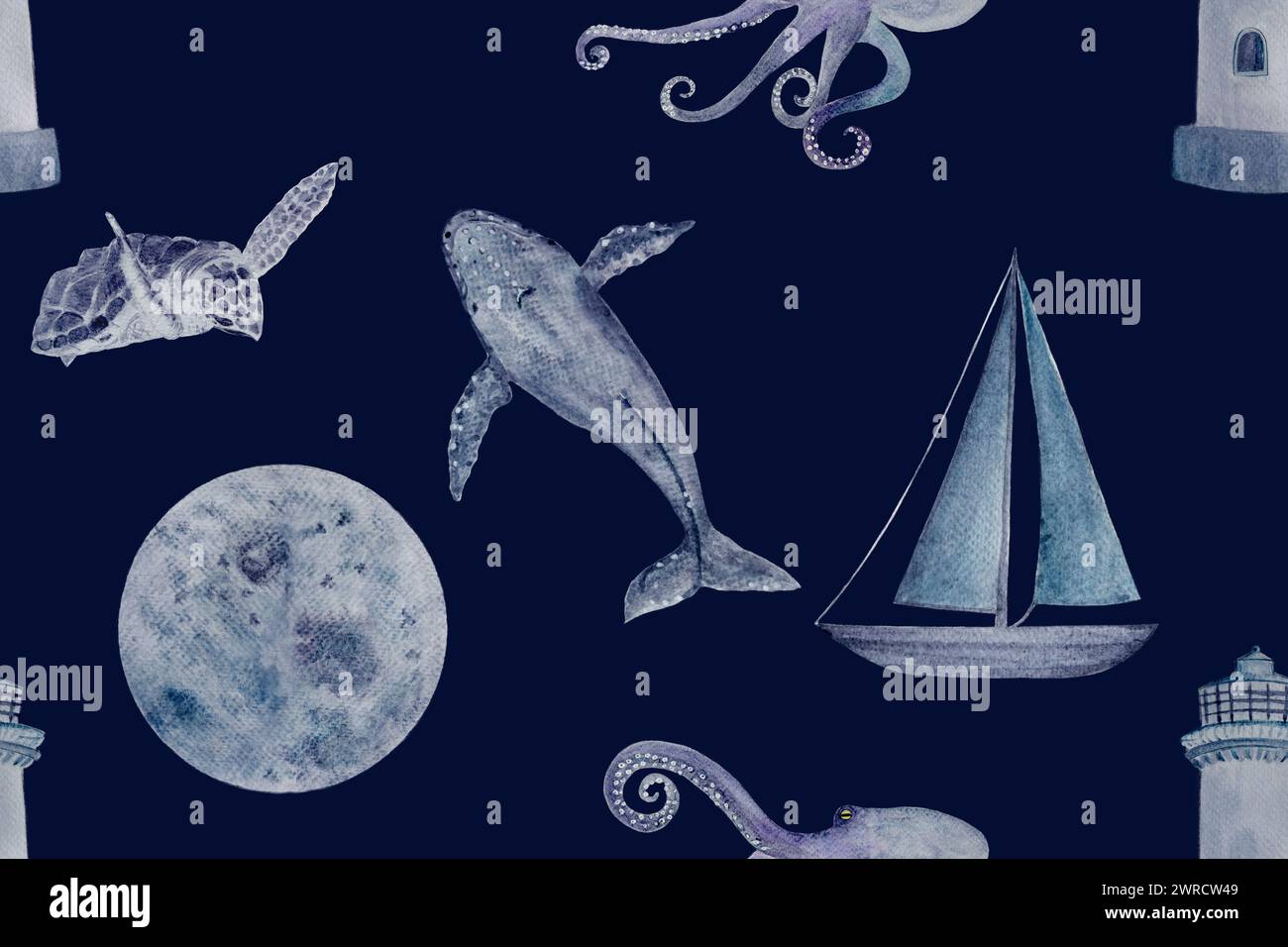 Watercolor hand-drawn purple monochromatic seamless pattern on dark ...