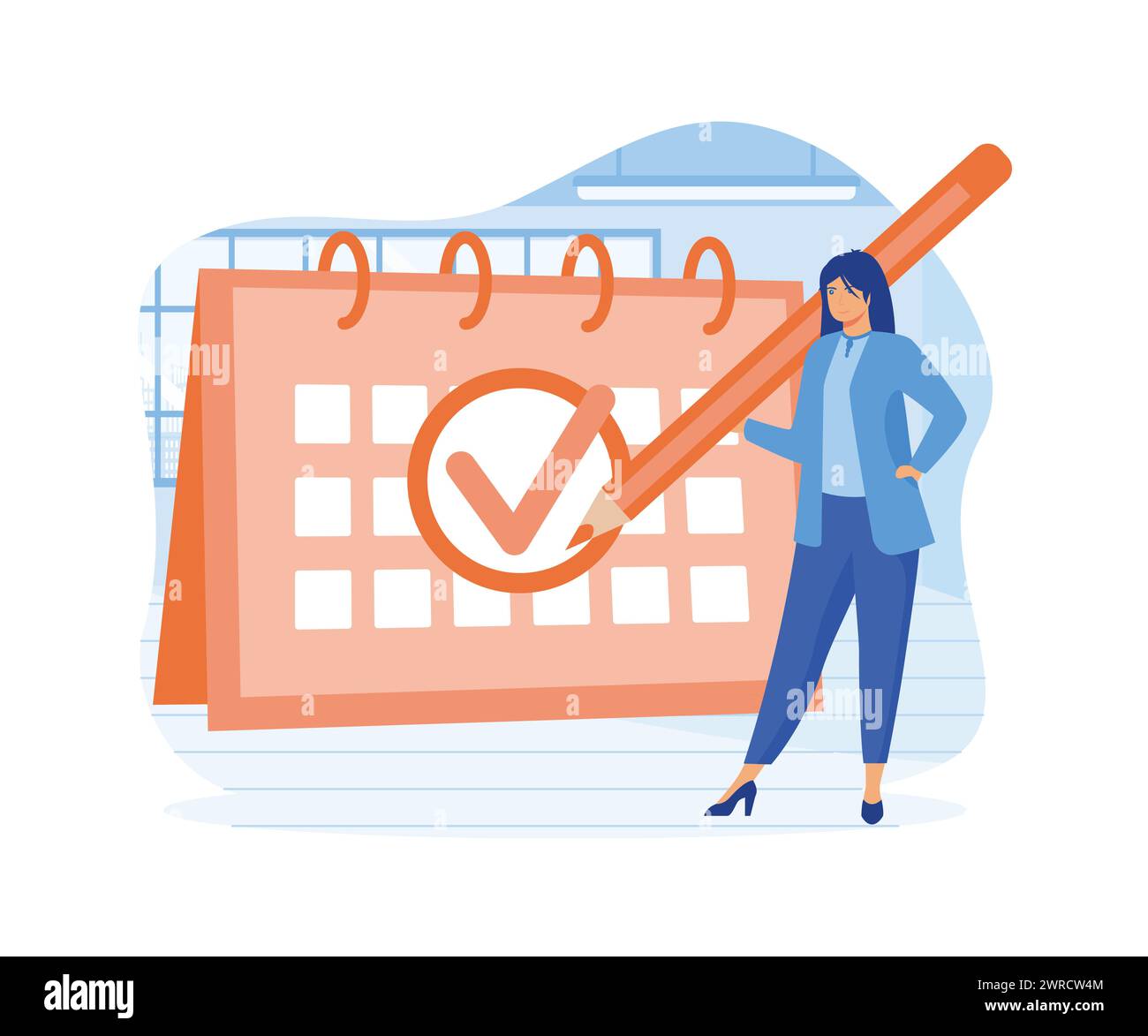 Done job concept. Beautiful business woman stands near big schedule ...