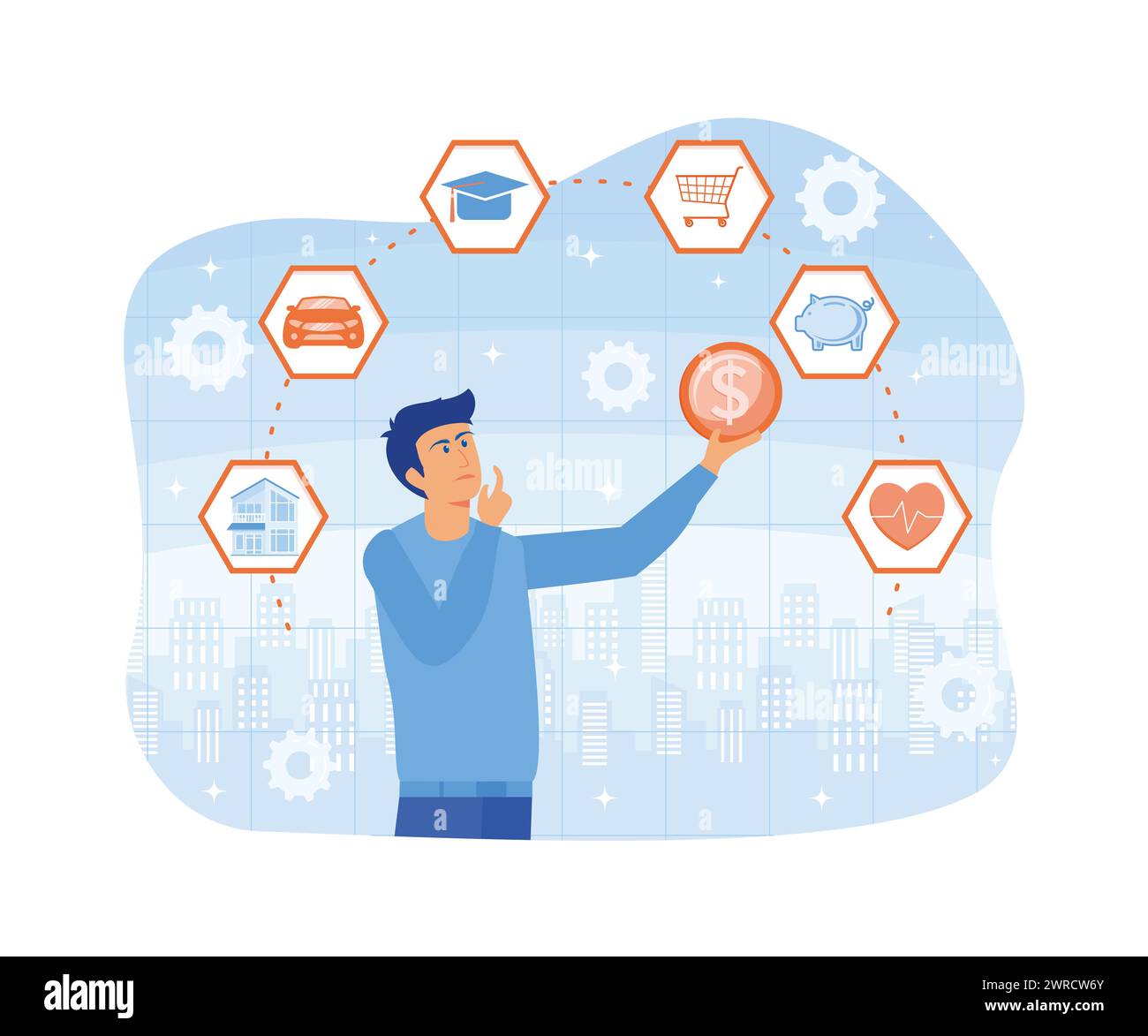 Budget planning. Businessman holding money coin think about budget ...