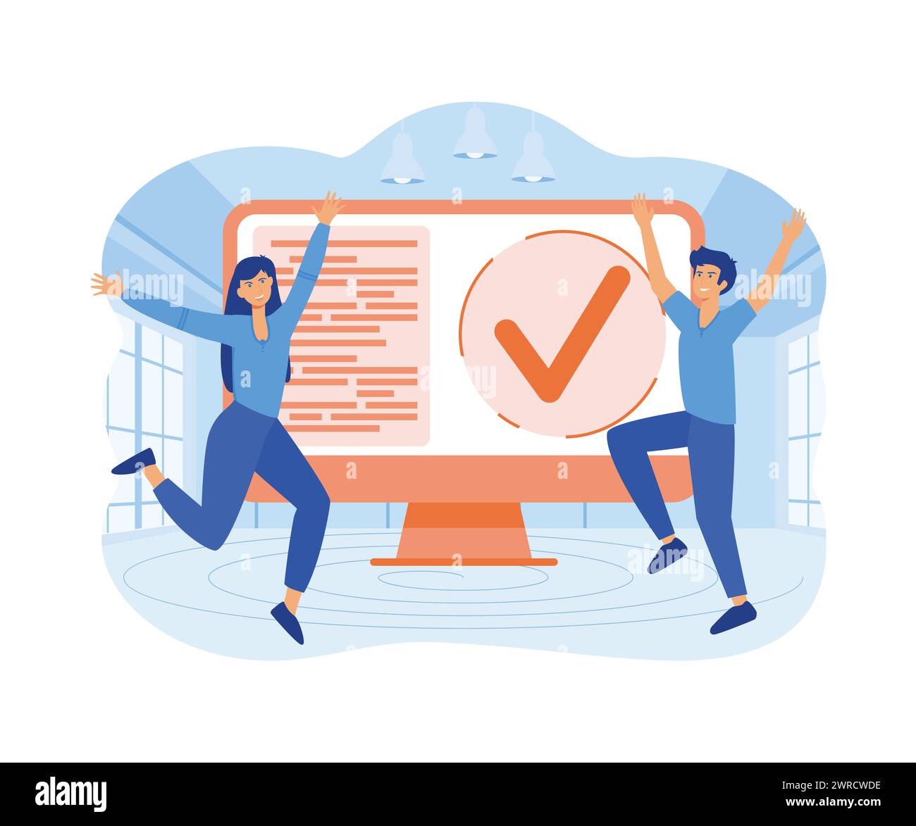 Done job concept. Happy man and woman with check mark sign in computer ...