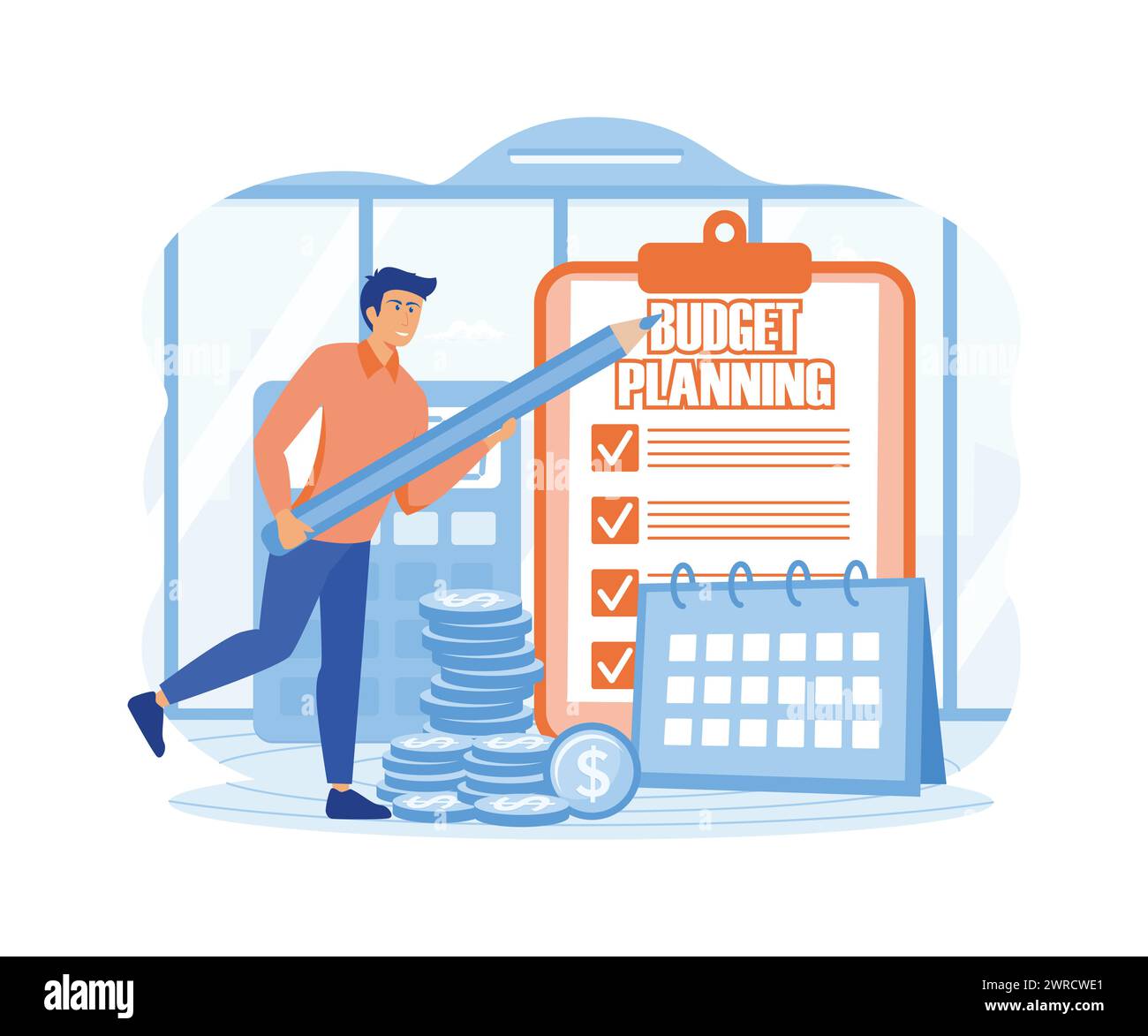 Tiny person planning budget. Man calculating tax and expenses, making ...