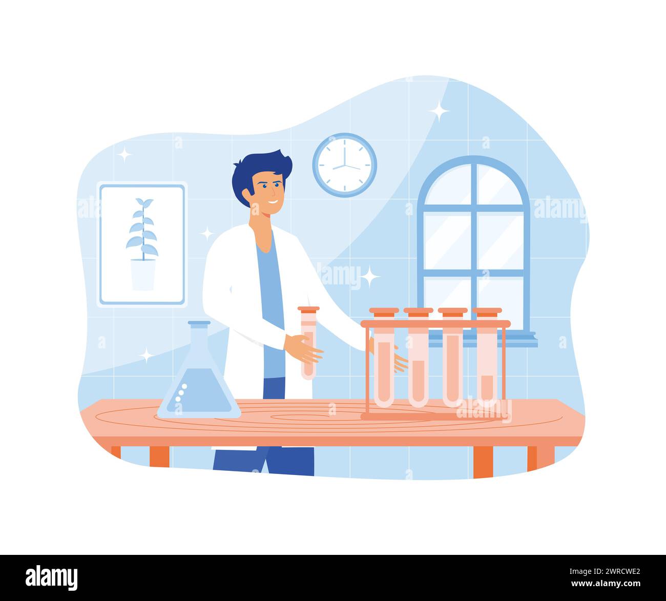 Male scientist with flasks. Experimental scientist, laboratory assistant, biochemistry, chemical ...