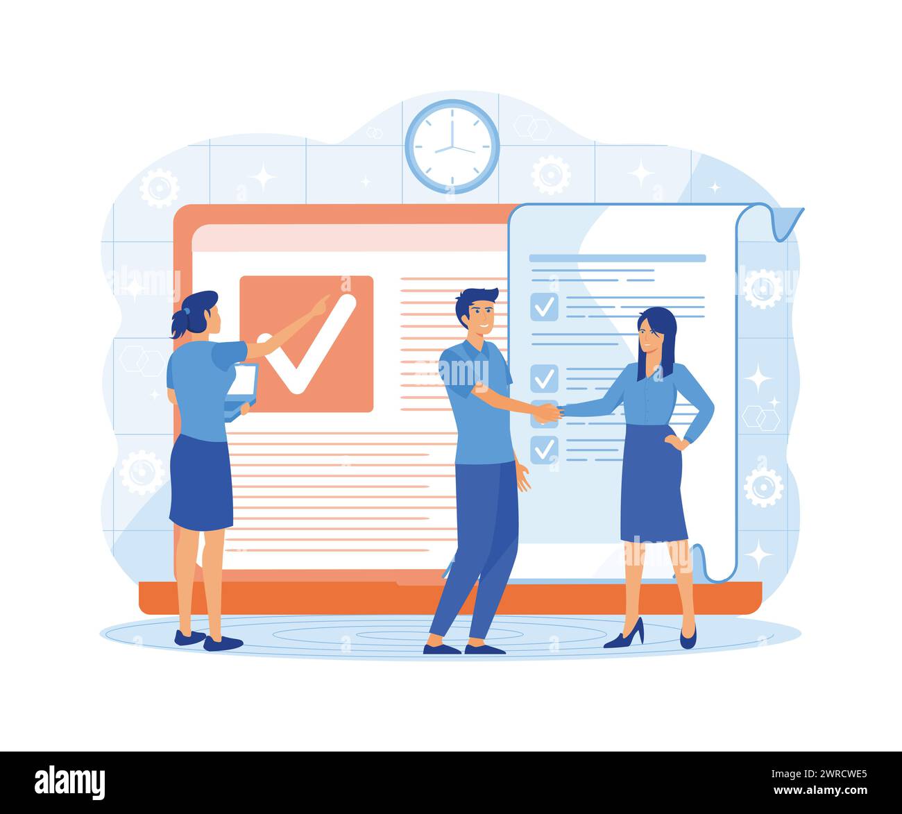 Done job concept. Checklist, PC monitor with long paper document and to ...