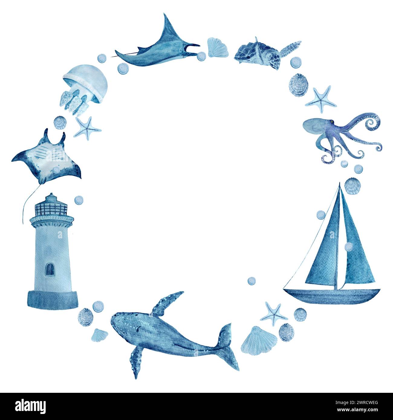 Watercolor hand-drawn blue monochromatic round frame isolated on white ...