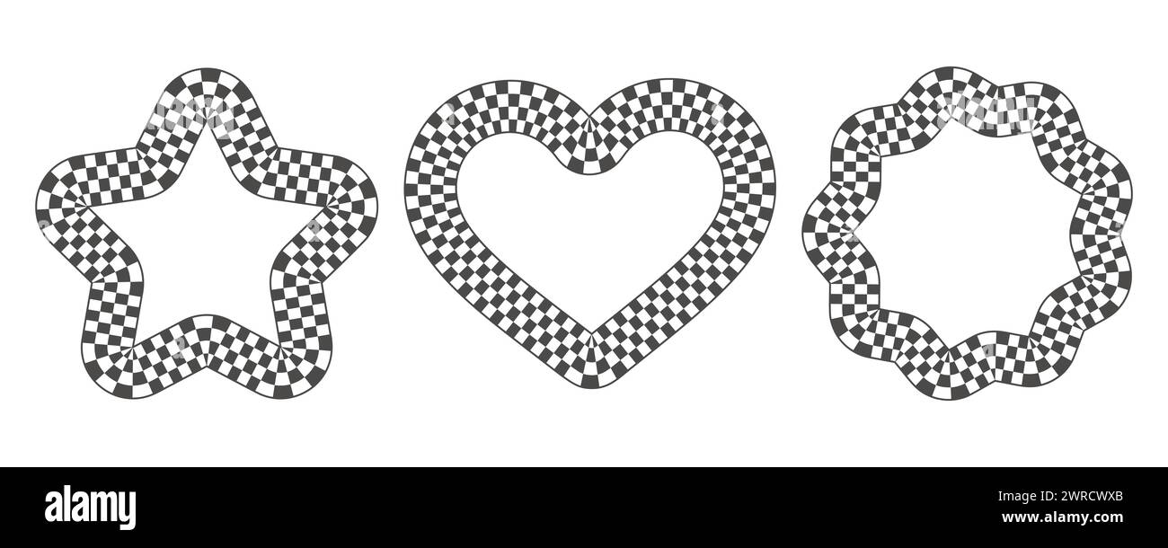Checker border in star heart and flower shape. Circle frame with black ...