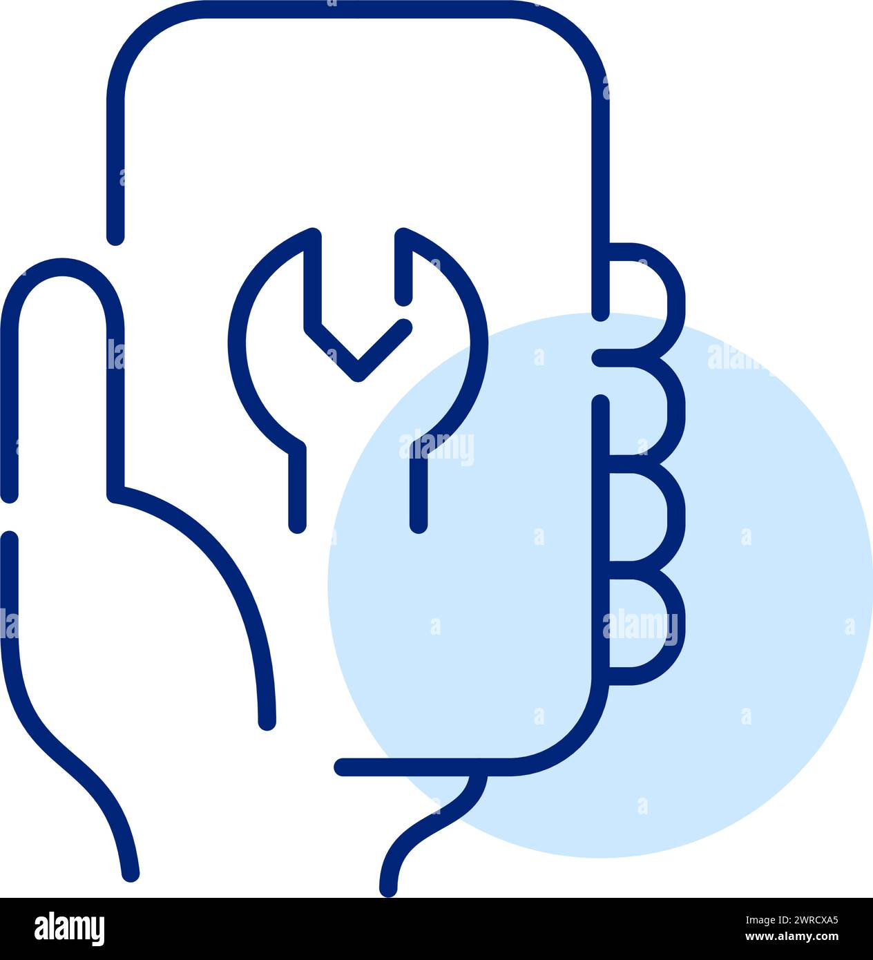 Mobile maintenance. Hand holding smartphone with wrench on screen ...
