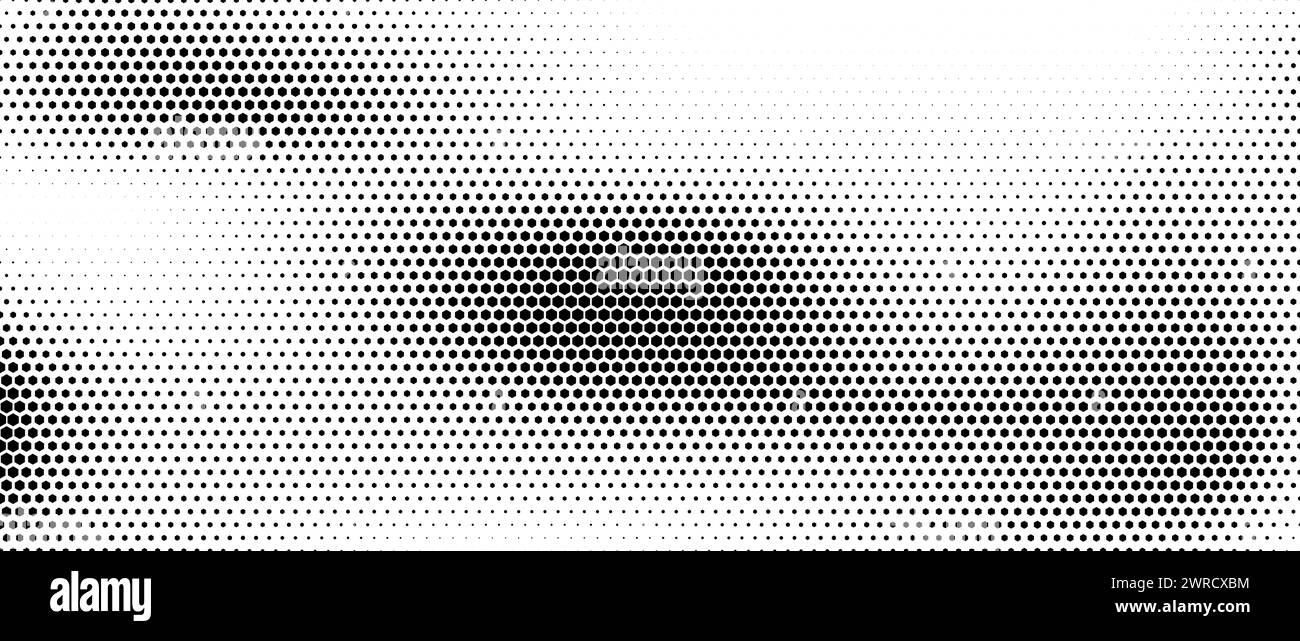 Hexagon halftone gradient texture. Abstract black and white spotted grunge background. Geometric ...