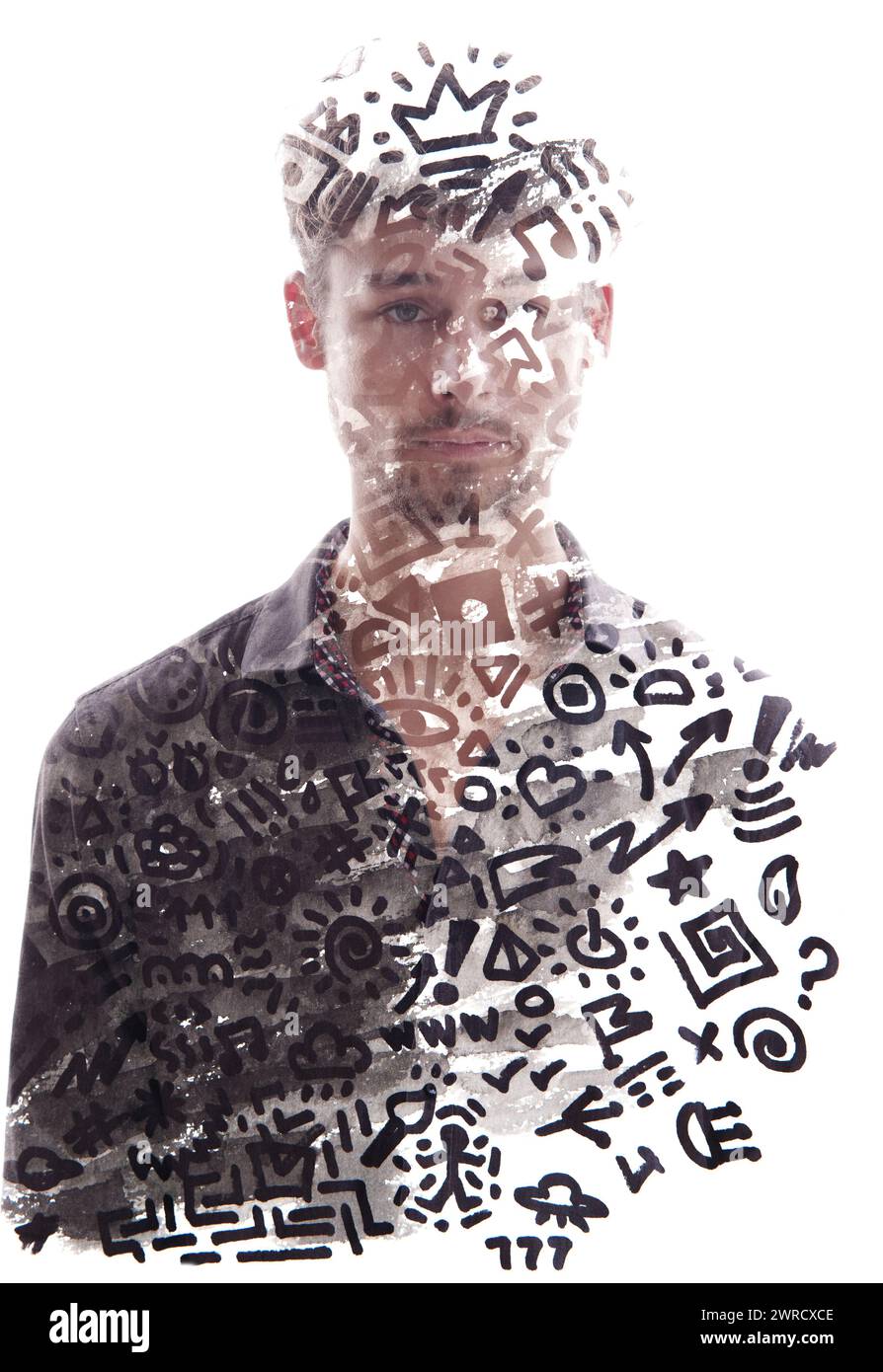 A double exposure paintography of a man's full-front merged with ...