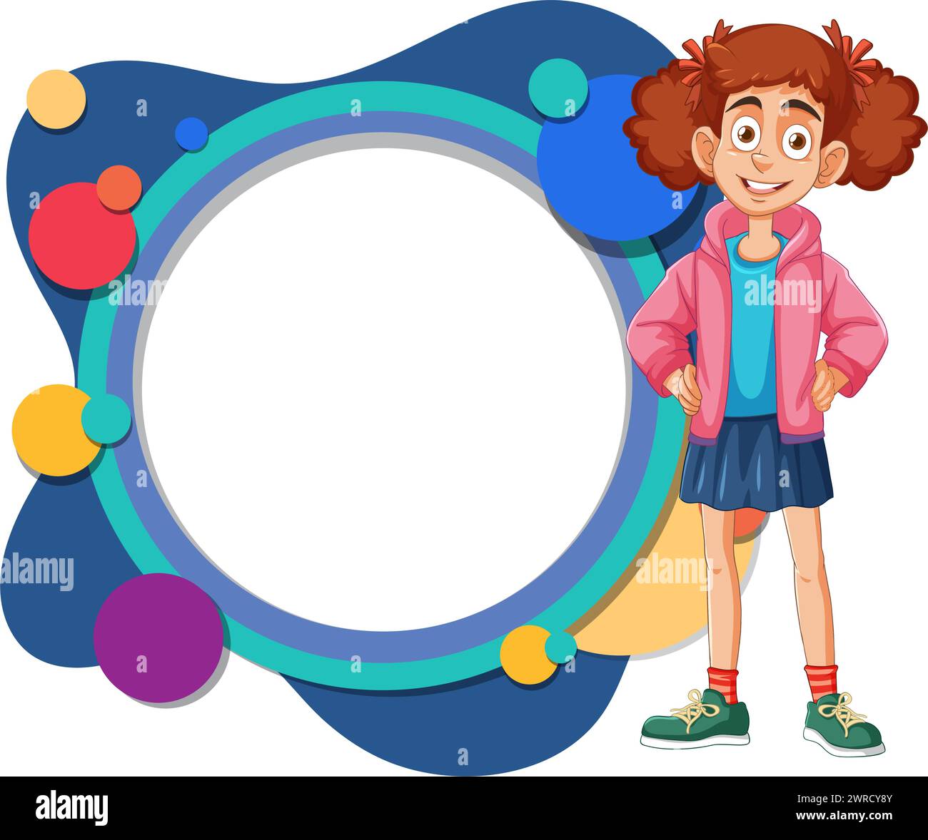 Cheerful girl standing beside a vibrant circular frame Stock Vector ...
