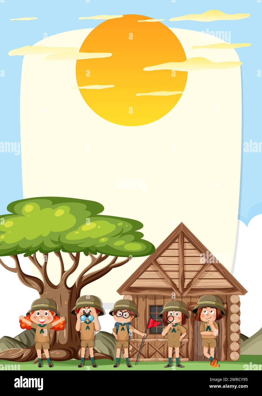 Cartoon scouts by a cabin at sunrise Stock Vector Image & Art - Alamy