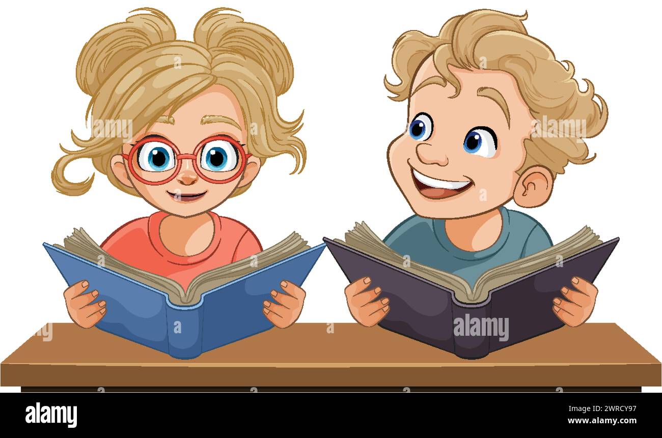 Two cartoon kids reading books with joy Stock Vector Image & Art - Alamy