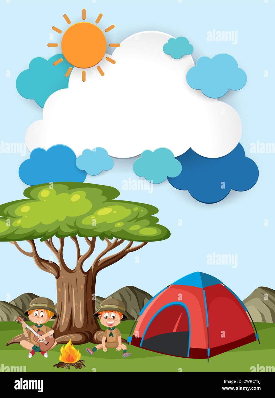 Two cartoon characters camping under a large tree Stock Vector Image ...