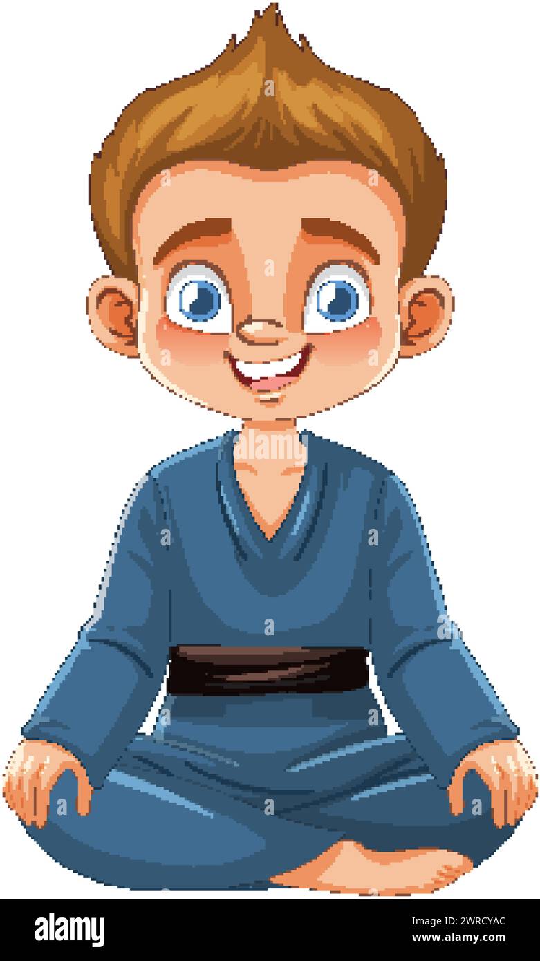 Cartoon boy in blue karate gi sitting cross-legged Stock Vector Image ...