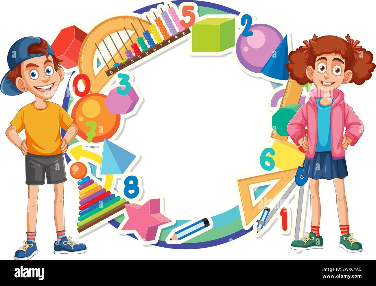 Two happy children surrounded by educational symbols Stock Vector Image ...