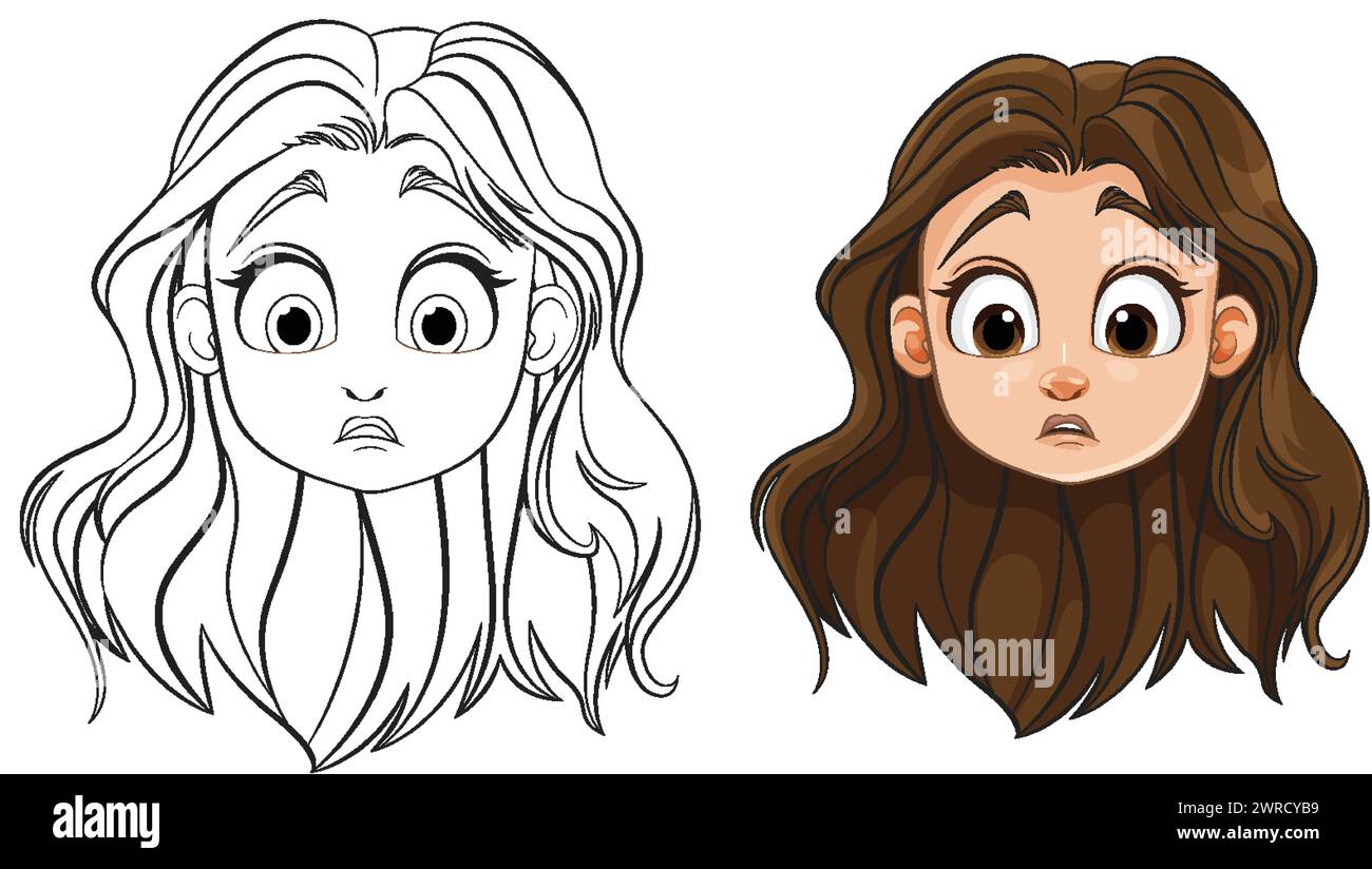 Vector illustration of a woman's face, before and after coloring Stock ...