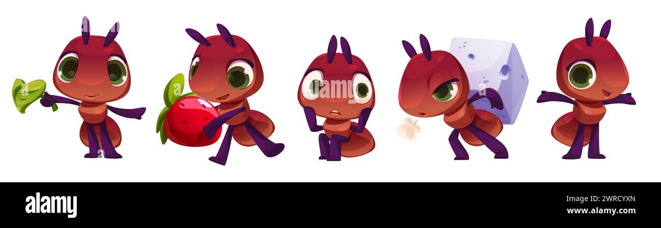 Set of cute ant characters isolated on white background. Vector cartoon ...
