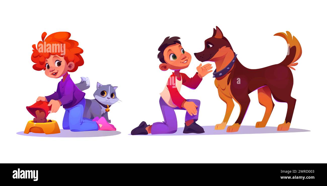 Children take care of their pets. Cartoon vector illustration set of ...