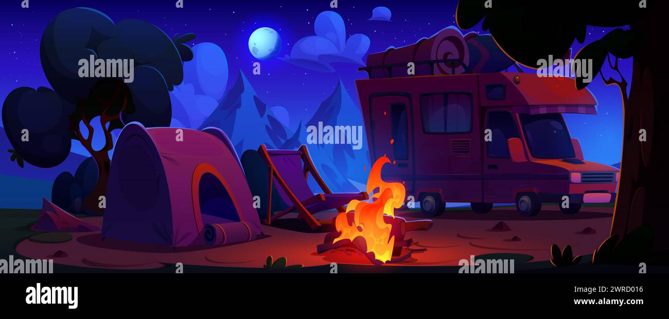 Camping place with camper van with baggage on top, tent, lounge chair ...