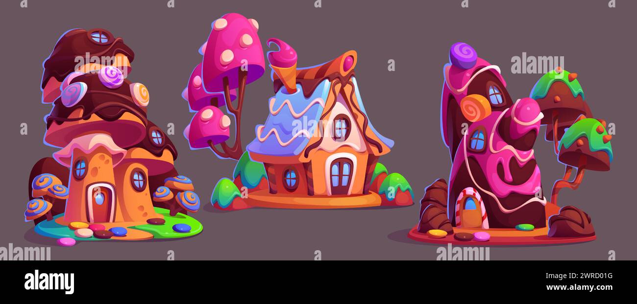 Candy houses set isolated on black background. Vector cartoon ...