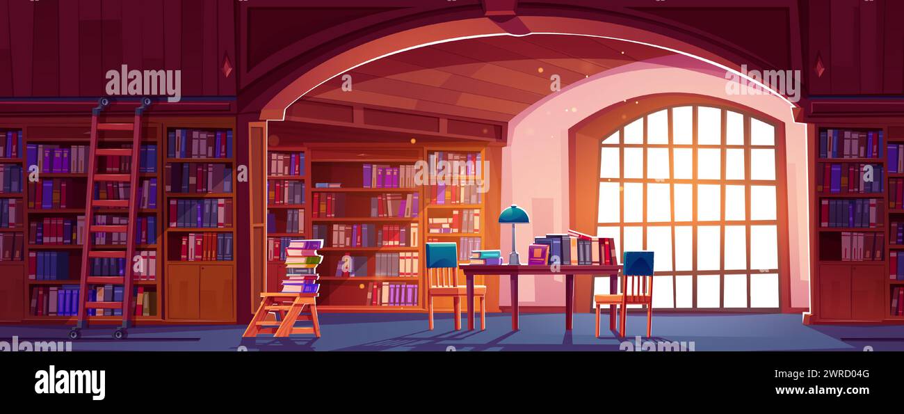 Public library with many books on shelves in case with ladder, in stack ...