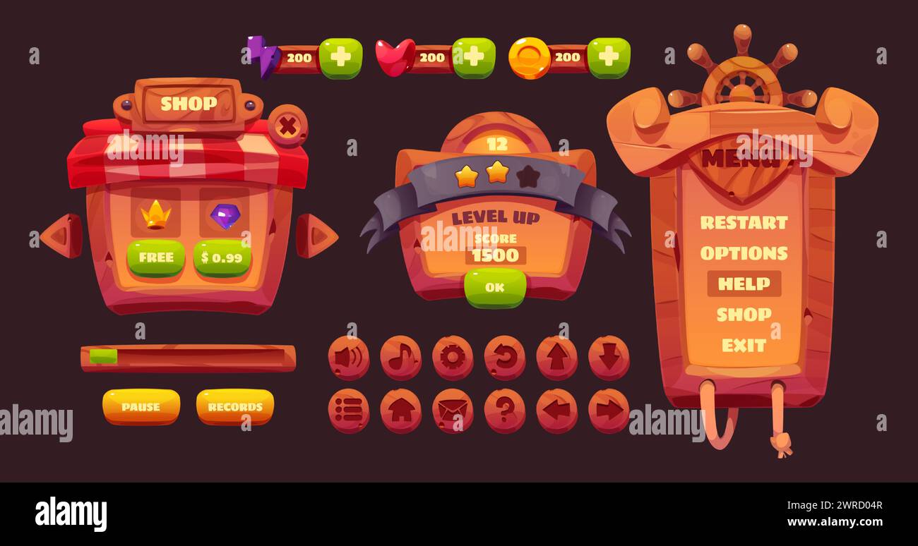 Pirate game ui design elements - cartoon vector wooden plates for menu ...