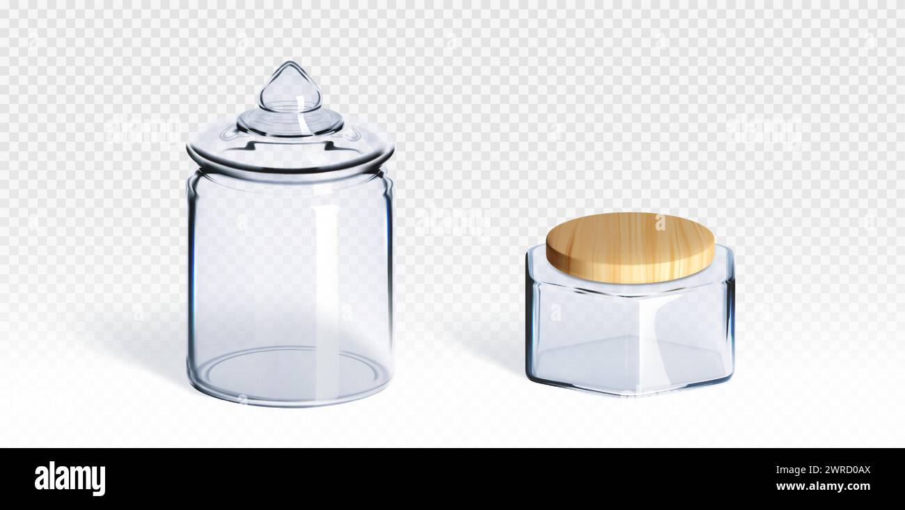 Glass transparent jar mockup closed with wooden cap. Realistic vector ...