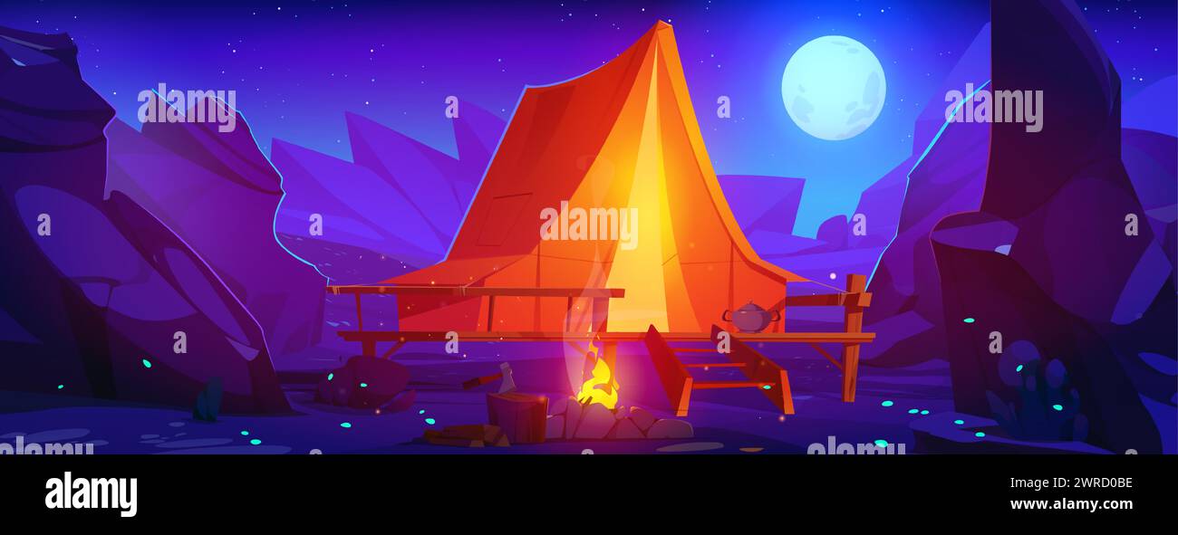 Night camp on rocky night landscape. Vector cartoon illustration of ...