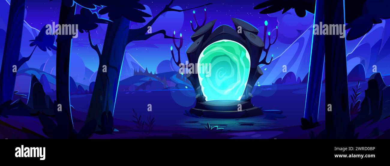 Door with stone arch sills and magic green vortex neon glow portal in forest near mountains at ...