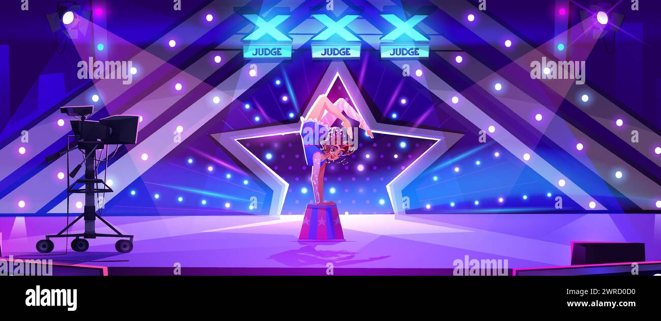 Talent reality show - young woman acrobat gives performance on stage ...