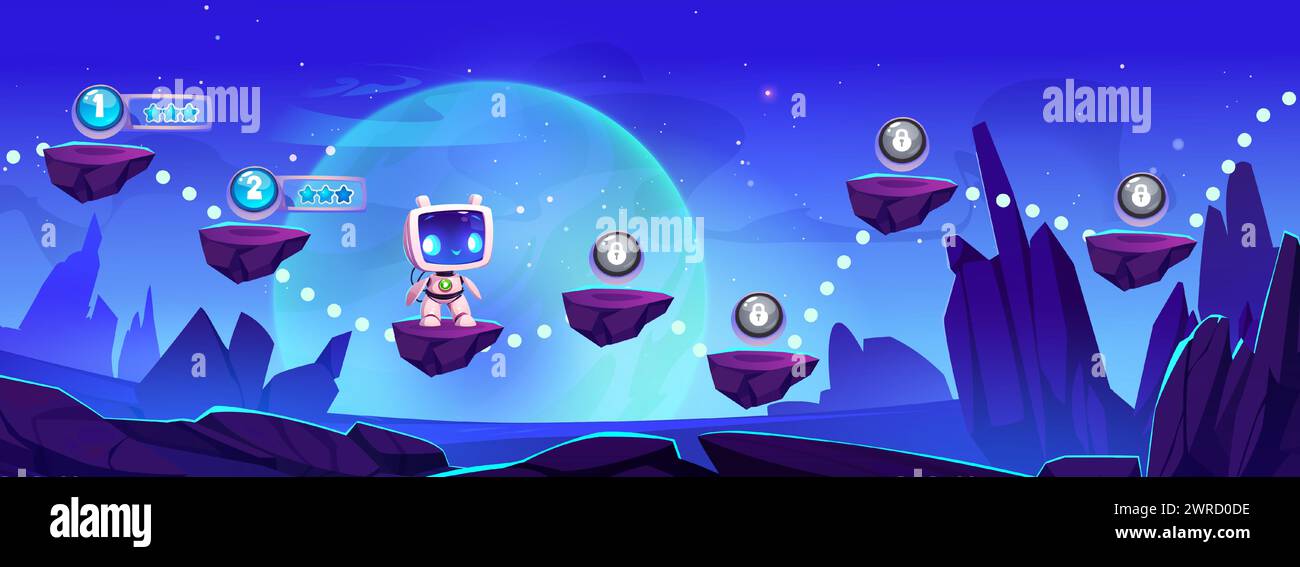 Game level map with jump platform, rating stars and close tier on space ...