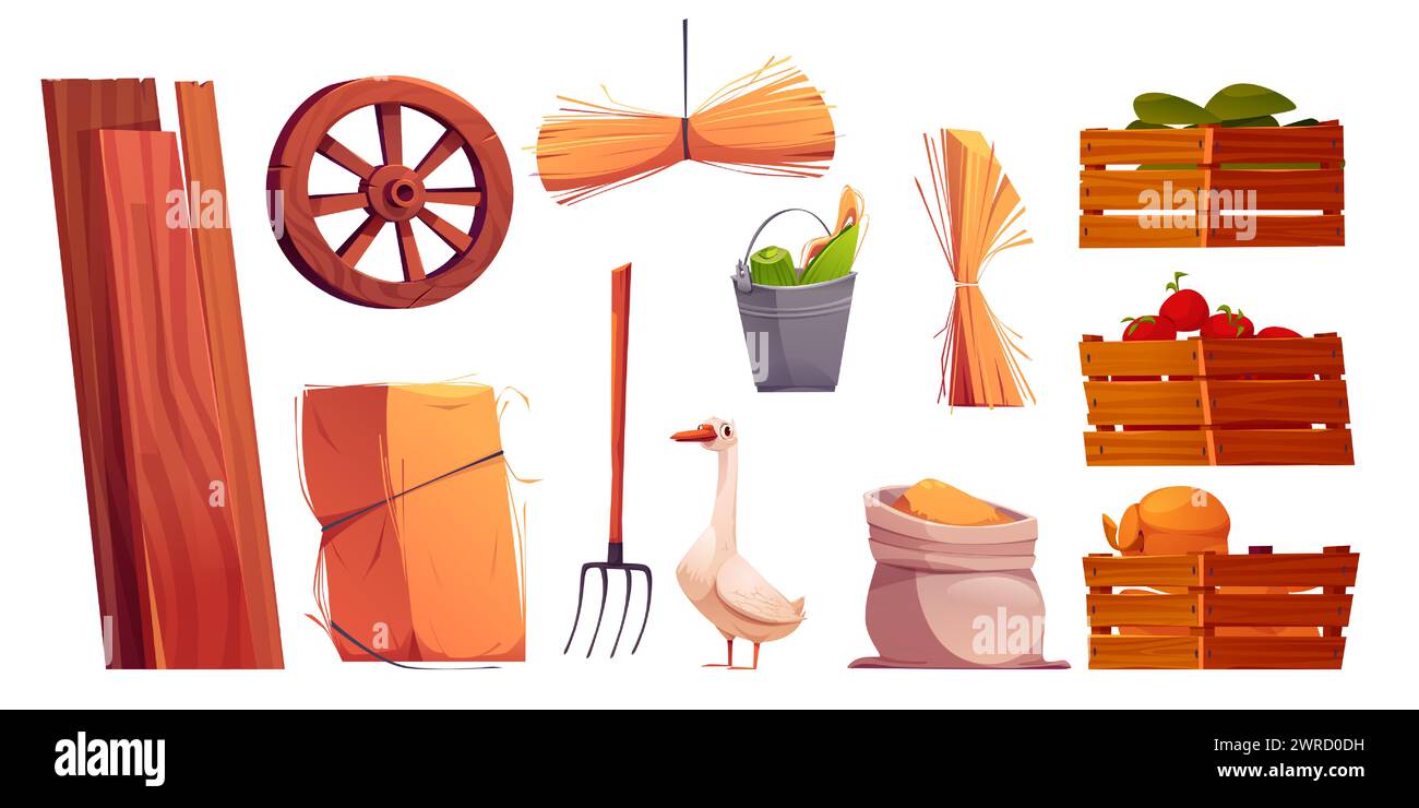 Farm barn interior elements set. Cartoon vector hay in stacks, wooden ...