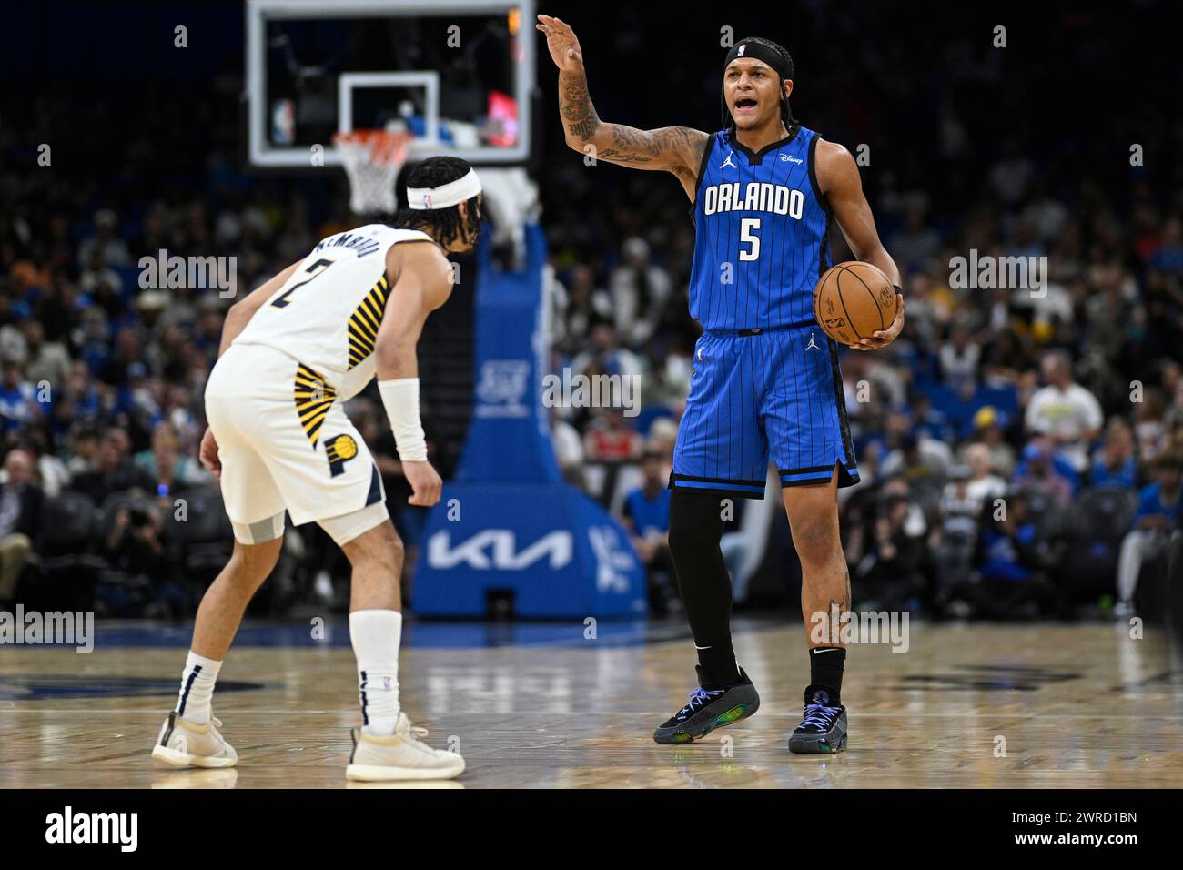 Orlando Magic forward Paolo Banchero (5) directs a play as Indiana ...