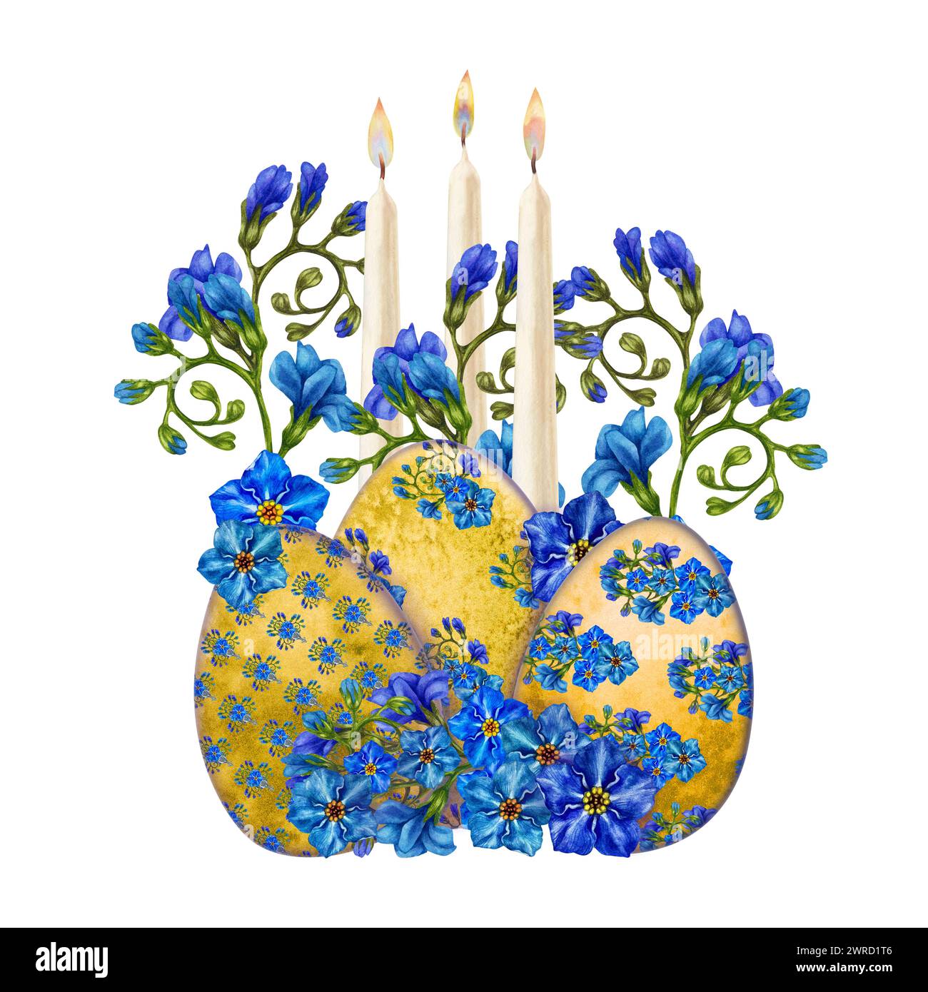 Watercolor Easter yellow egg with floral pattern of spring blooming ...