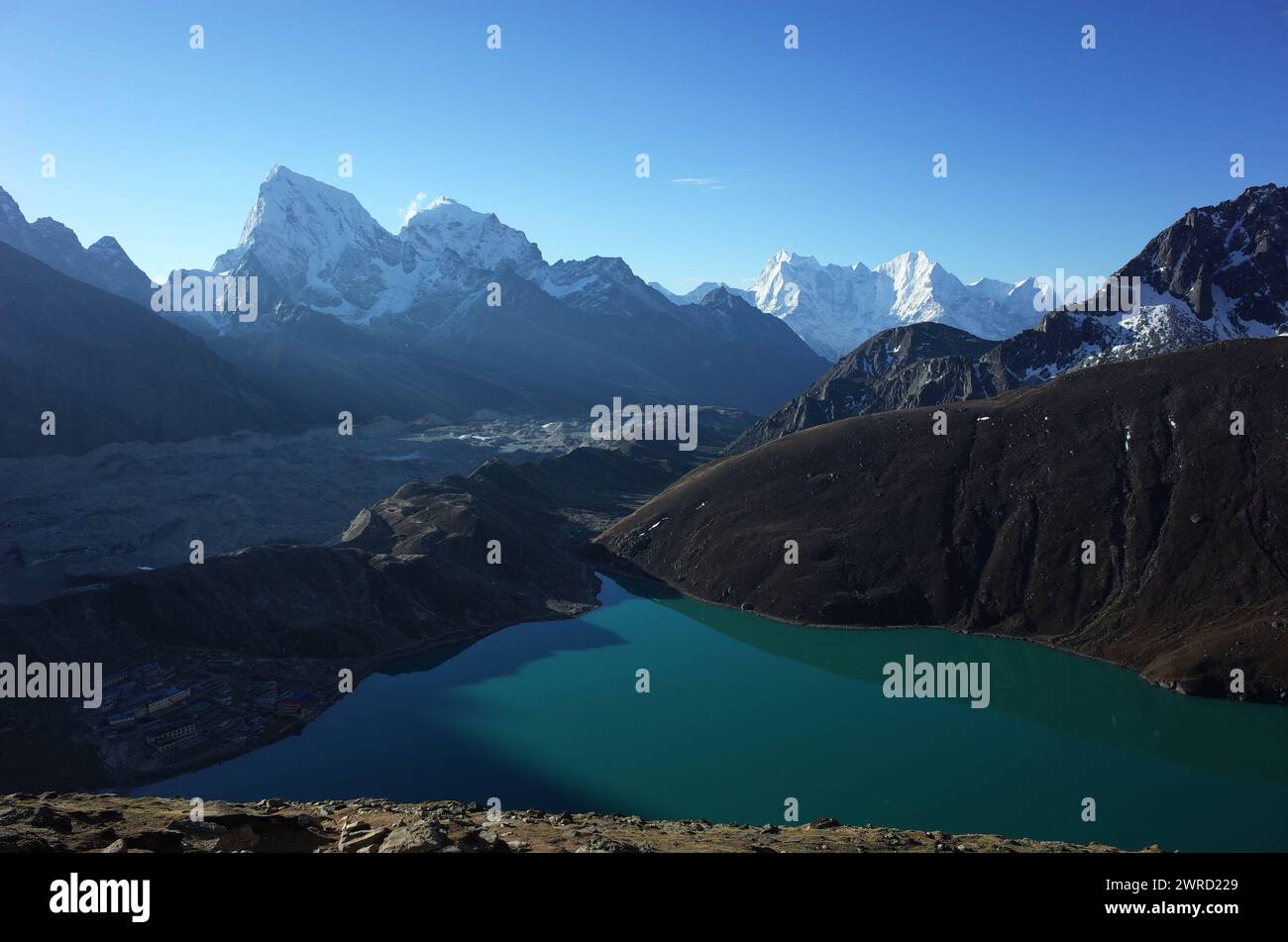 Hiking in Nepal Himalayas, View of Gokyo lake, Ngozumba glacier, Arakam ...