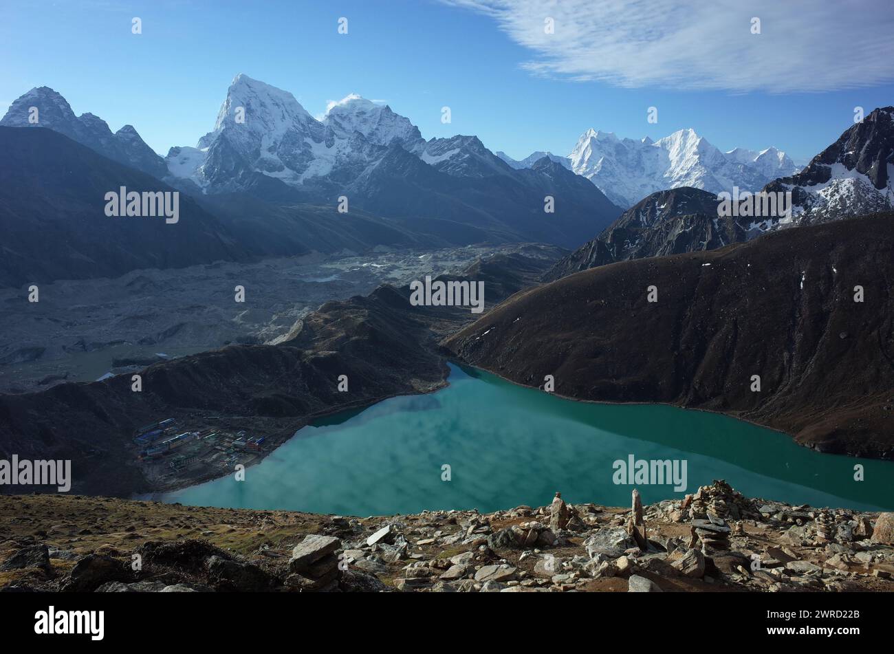 Hiking in Nepal Himalayas, Clouds are reflecting in Gokyo lake, with ...