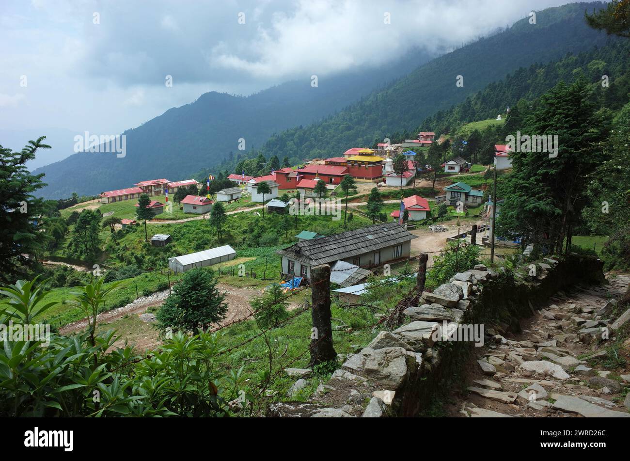 Stone trail to Taksindu village in Himalayas. Trekking in Nepal ...