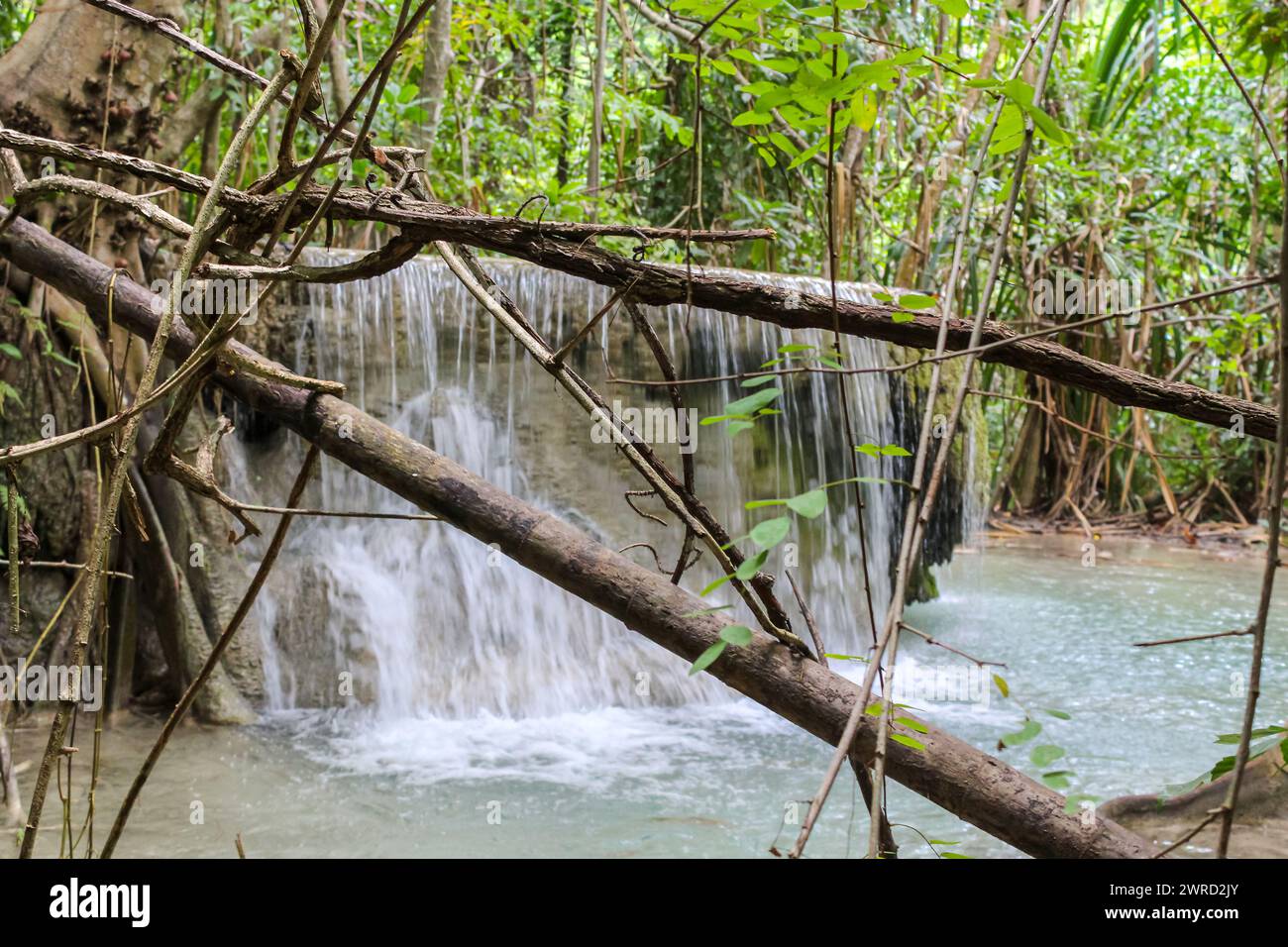 Erawan Waterfall level 7, Kanchanaburi Province, Thailand. Copy space ...