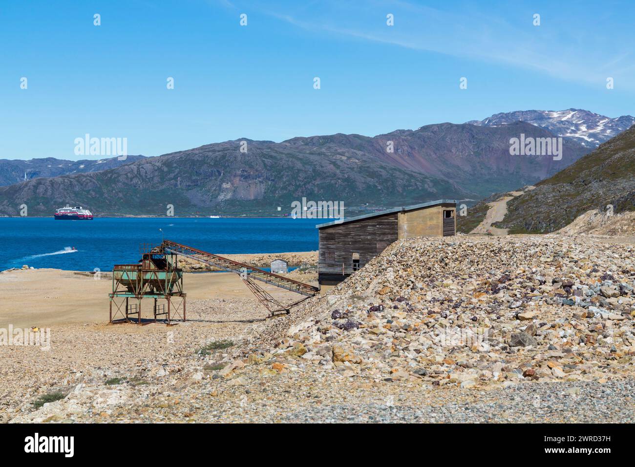 abandoned mining town and municipality of Ivittuut at Greenland in July ...
