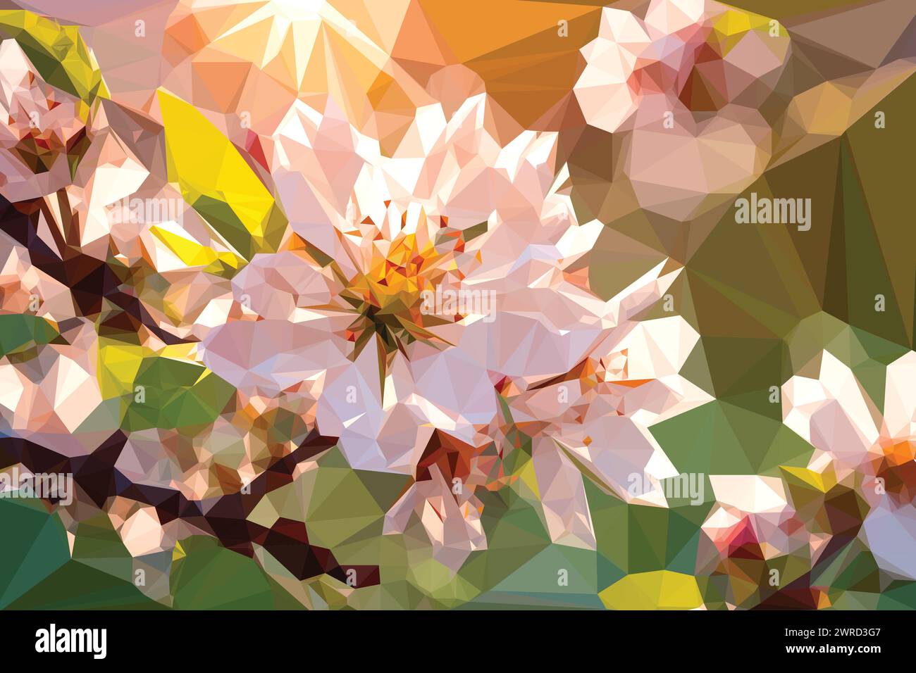 Low poly cartoon flowers of cherry blooms tree, spring nature geometric ...