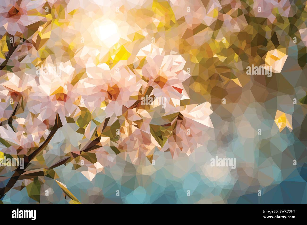 Low poly cartoon flowers of cherry blooms tree, spring nature geometric ...