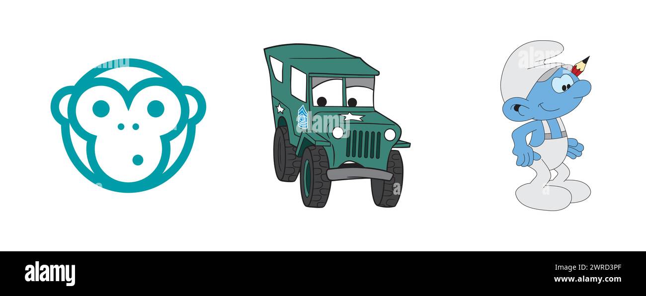 Smurf, Chimpanzee, Cars Sarge. Arts and design vector logo on isolated ...