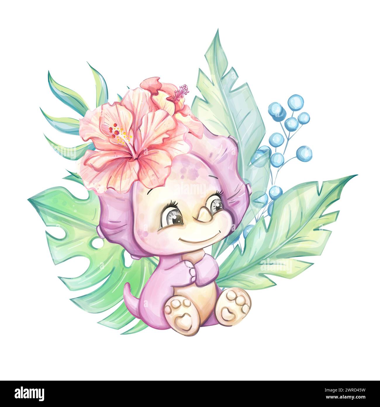 Watercolor cute dinosaur. Pastel color, clip art, cartoon Stock Photo ...