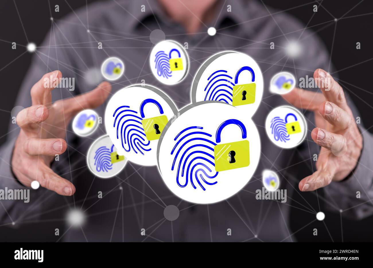 Fingerprint security system concept between hands of a man in ...