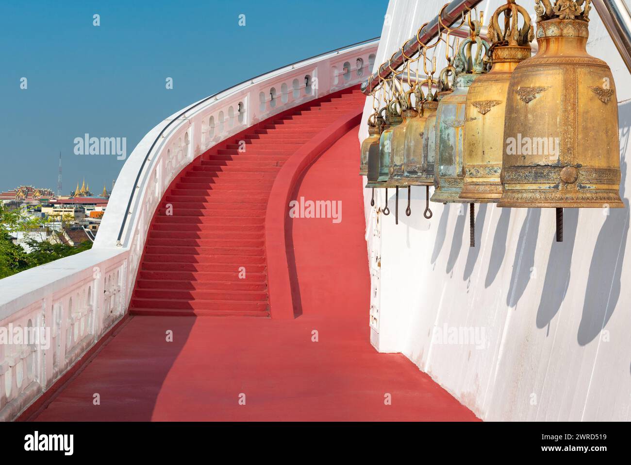 Stairs up to top of golden mount temple Stairway steps Bangkok Thailand steps sunny day Stock ...