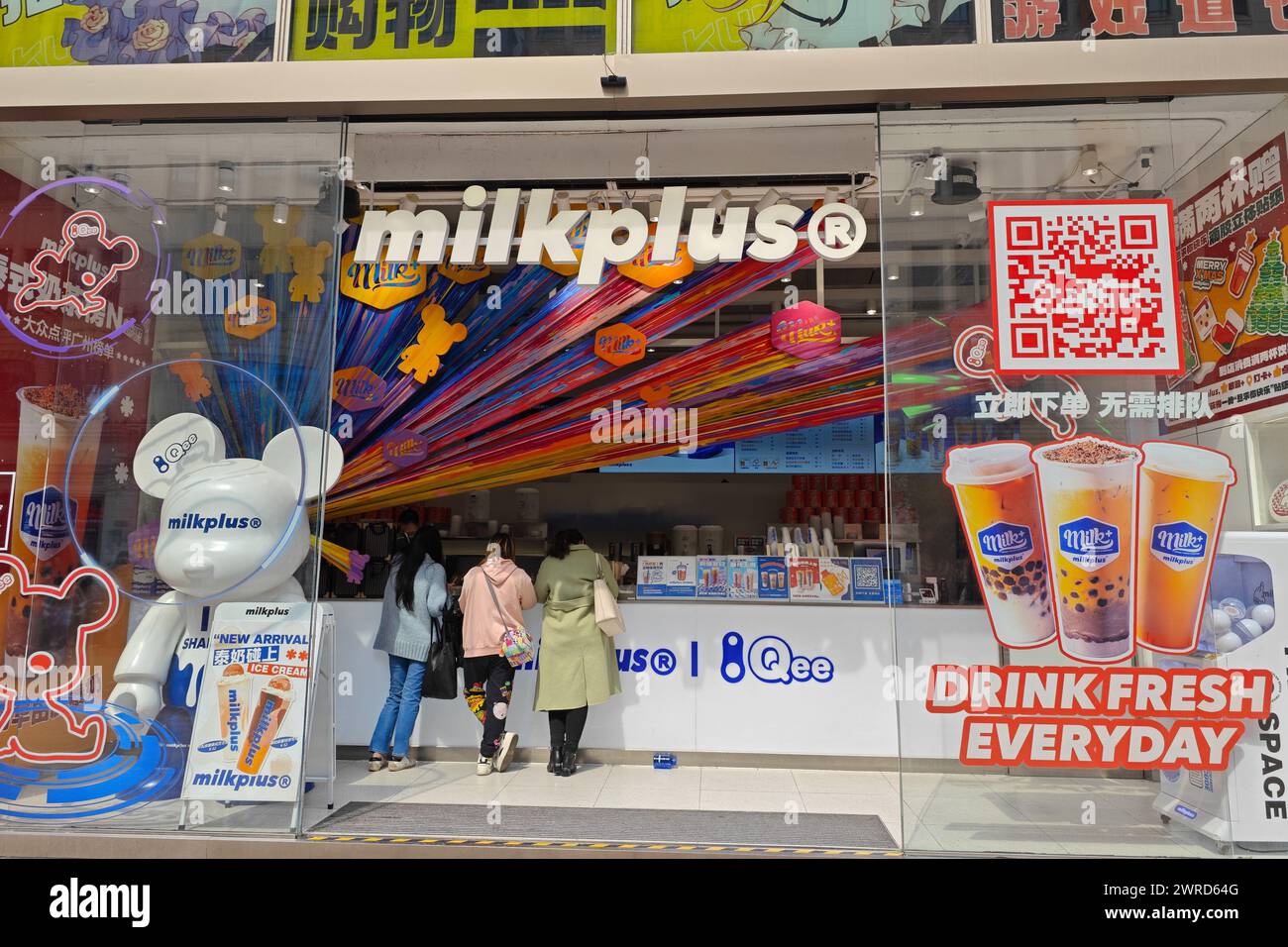 SHANGHAI, CHINA - MARCH 12, 2024 - Customers spend money at a Milk Plus Thai milk tea shop in ...