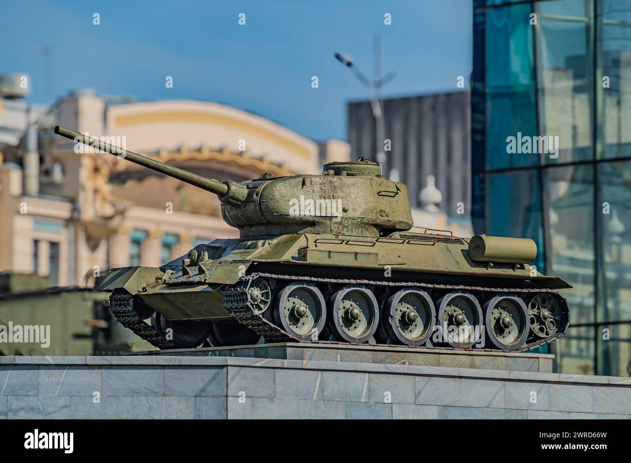 Soviet tank T-34 of the second world war. Tank on a pedestal in Kharkov ...