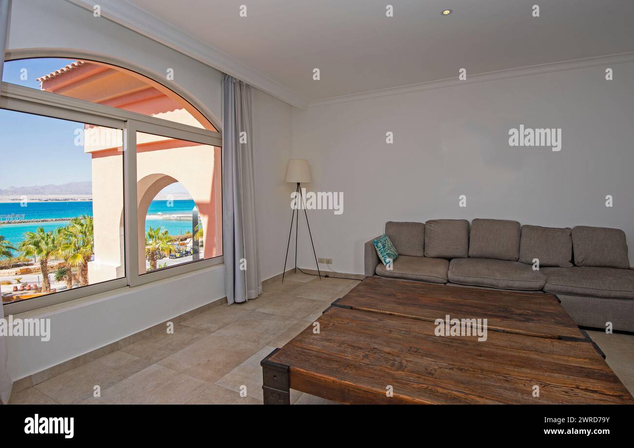 Living room lounge area in luxury holiday apartment show home showing ...