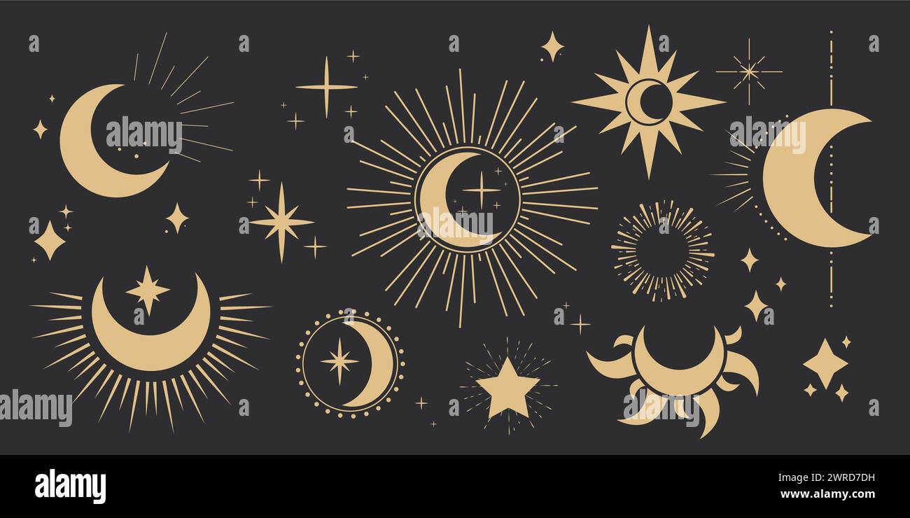 Set gold mystic moon celestial astrology magic element with rays, stars ...